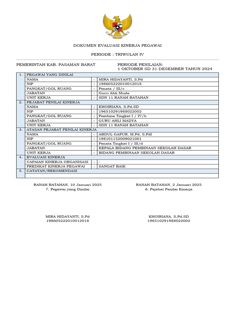 Dokumen Evaluasi Kinerja Periode Okt-Des Mira Hidayanti 2024 | PDF