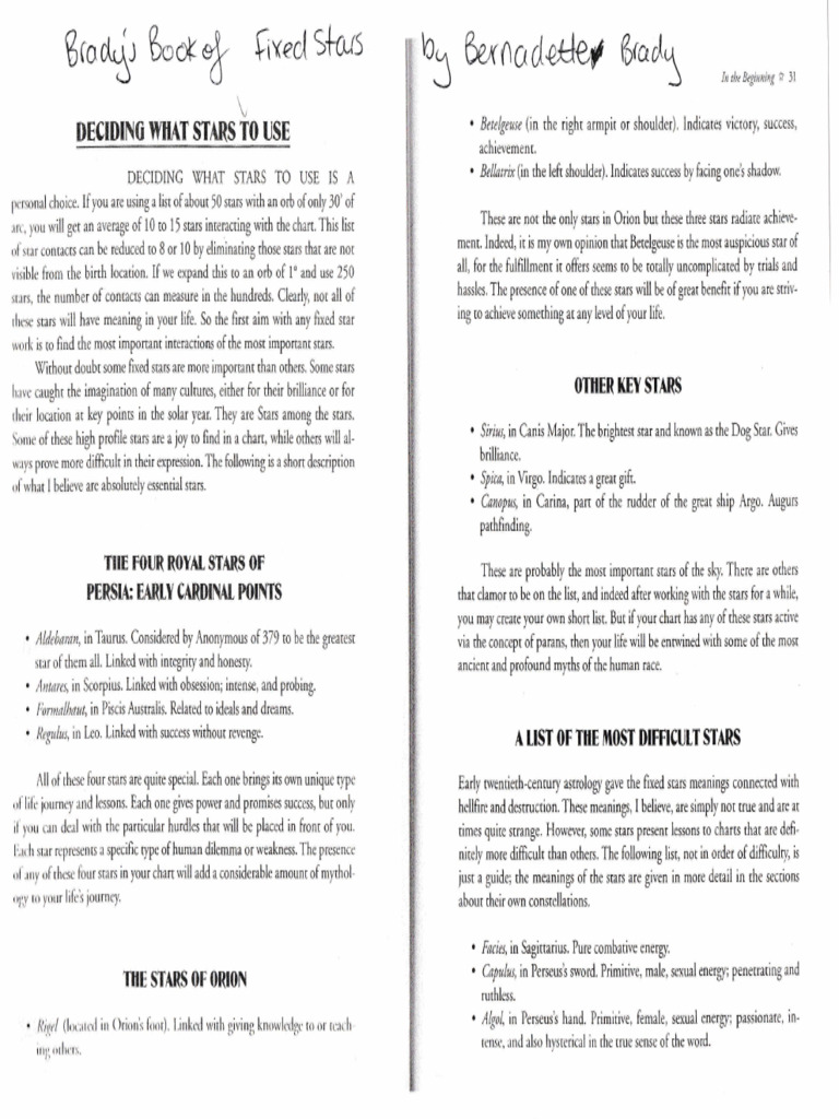 Brady's Guide to Key Fixed Stars | PDF | Astronomy | Ptolemy