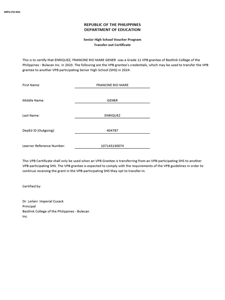 certificate_ENRIQUEZ, FRANCINE RIO MARE GENER | PDF