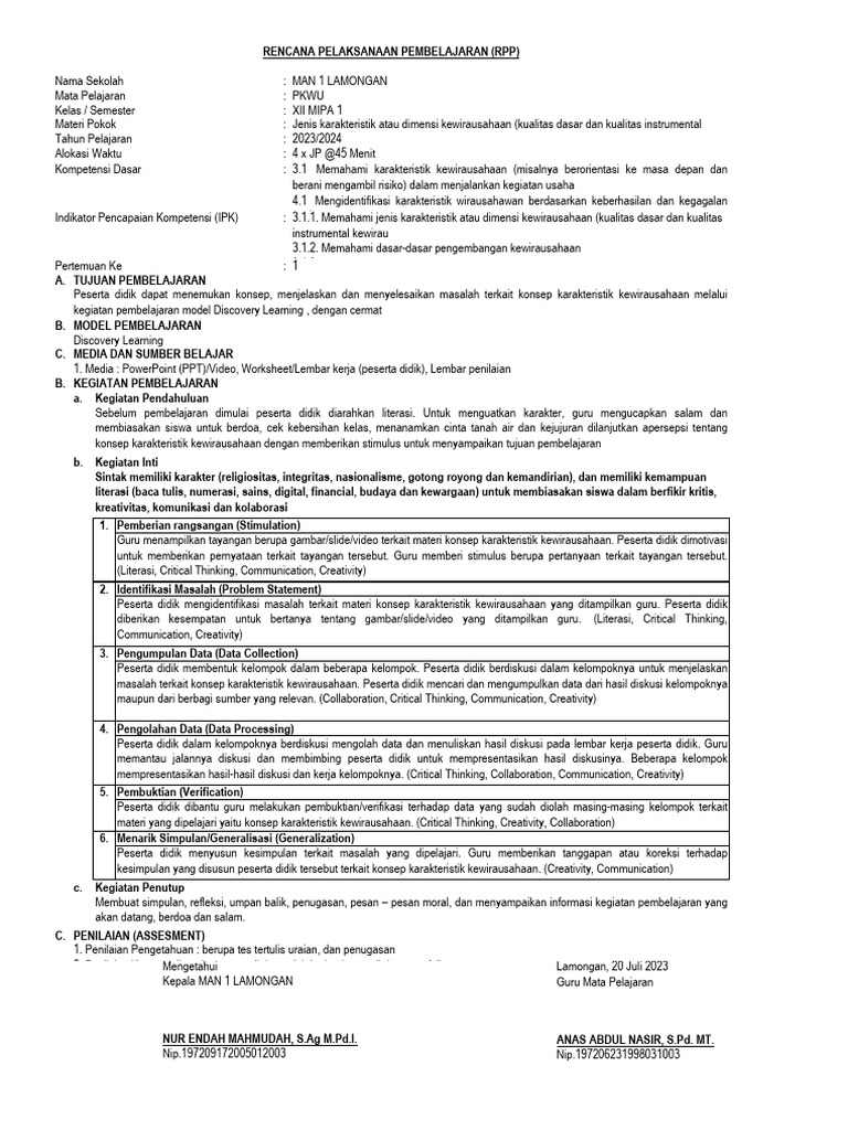 Perangkat Anas Abdul Nasir PKWU XII 2023-2024 6 HK.xlsm BUKU KERJA 1 - RPP 1 | PDF