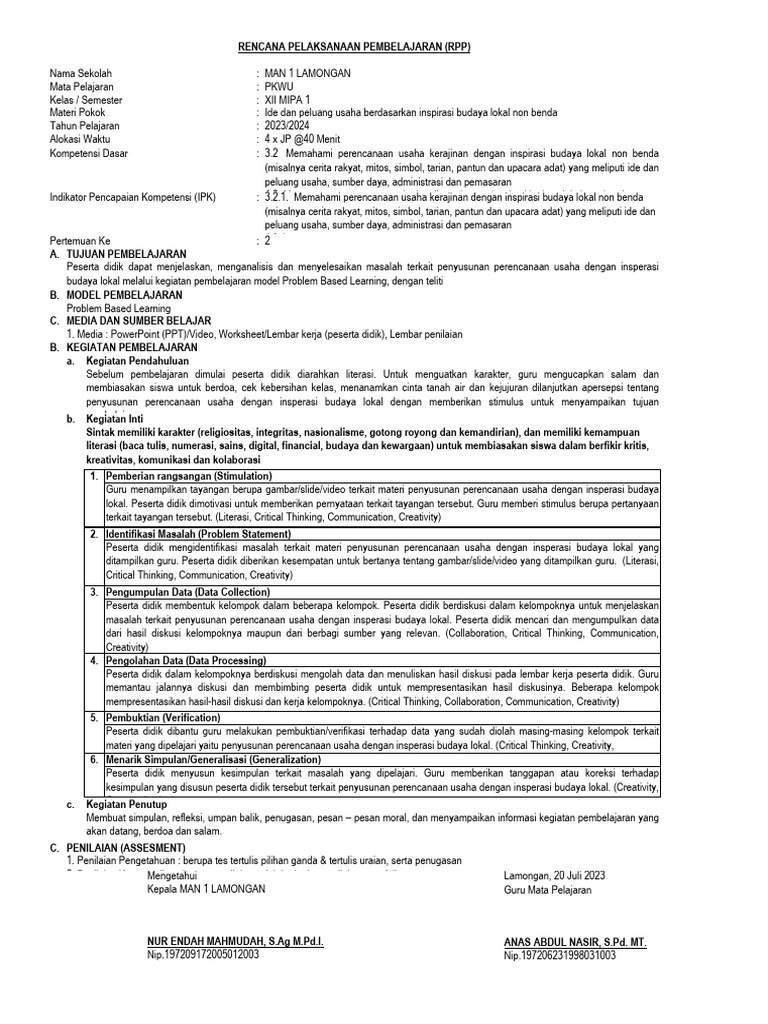 Perangkat Anas Abdul Nasir PKWU XII 2023-2024 6 HK - XLSM BUKU KERJA 1 - RPP 2 | PDF