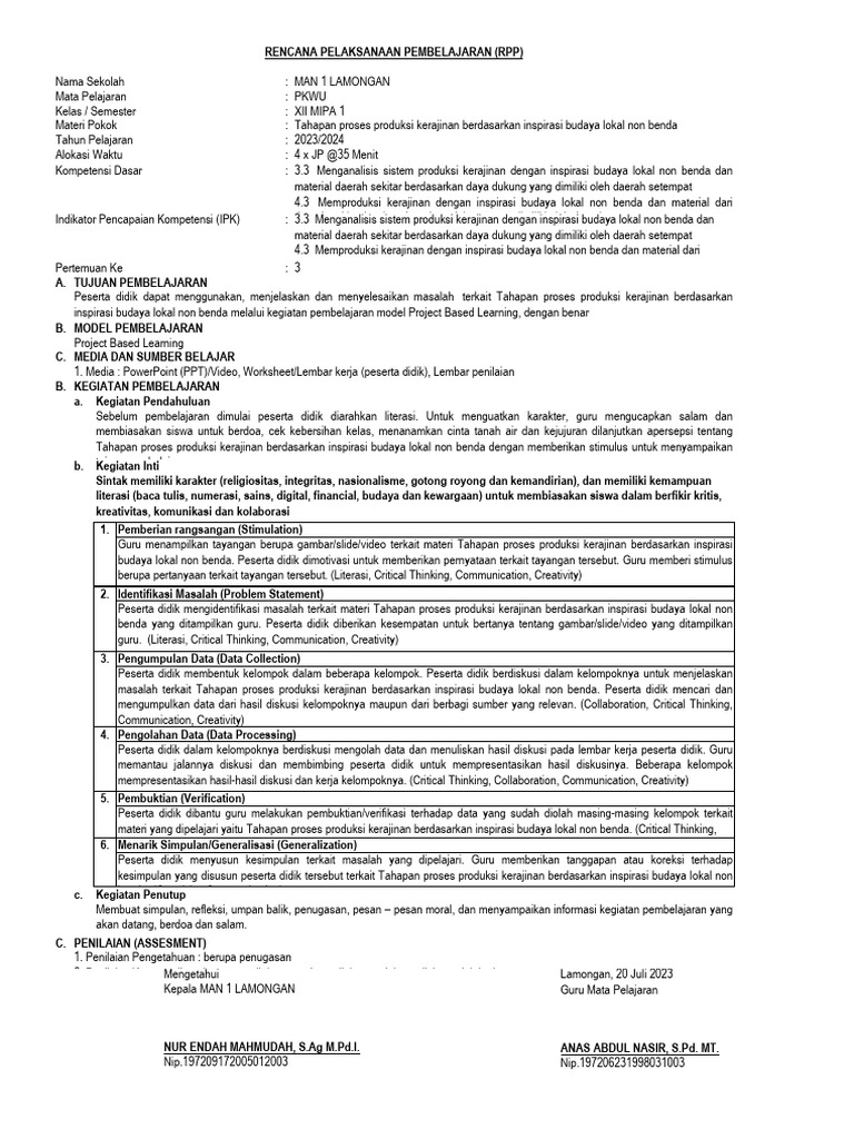 Perangkat Anas Abdul Nasir PKWU XII 2023-2024 6 HK - XLSM BUKU KERJA 1 - RPP 3 | PDF