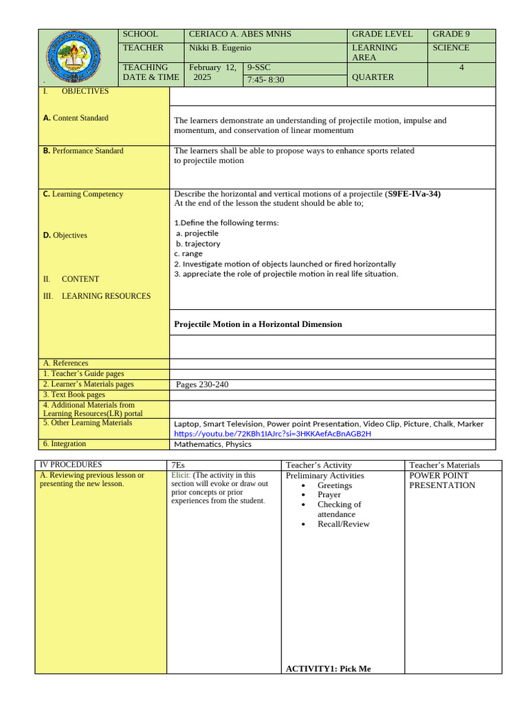 GRADE 9 Projectile Motion LESSON PLAN | PDF