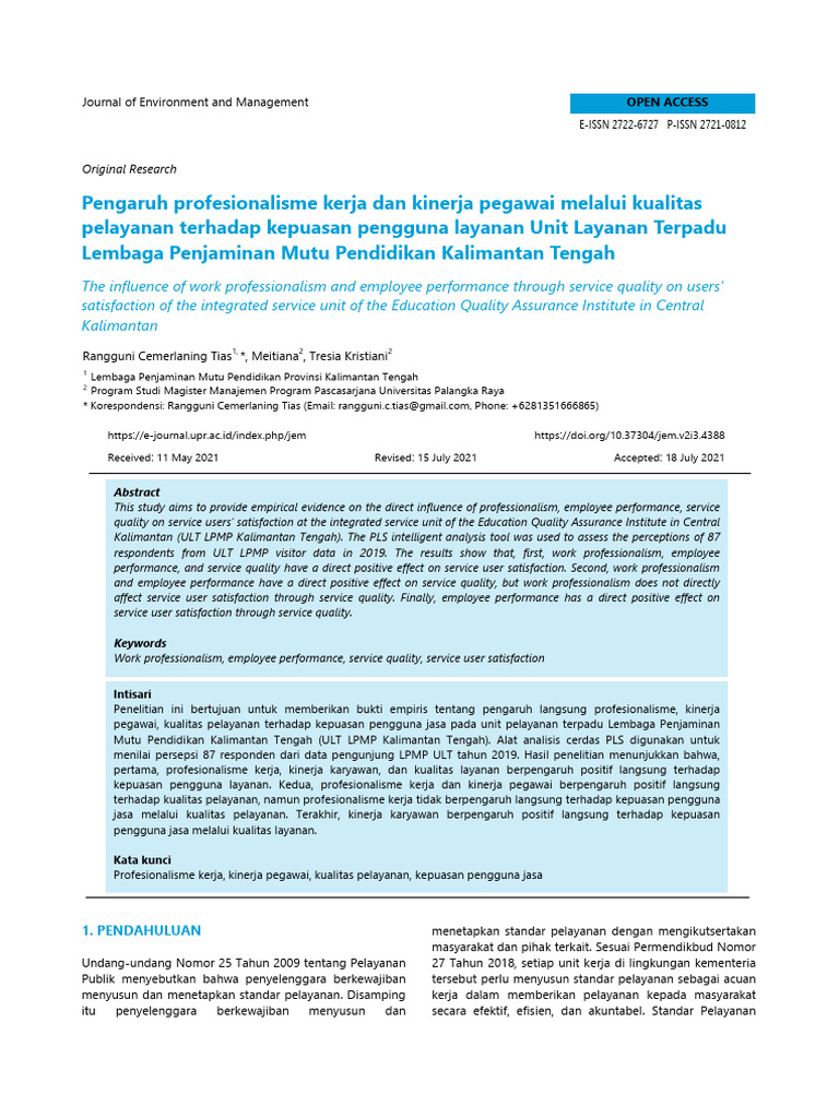 peng profesionalisme, kinerja dan kualitas layanan (variabel intervening) | PDF