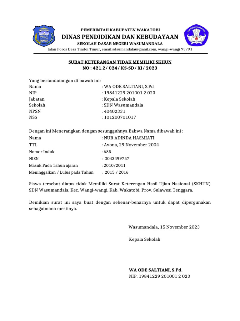 Surat Keterangan Tanpa SKHUN 2023 | PDF