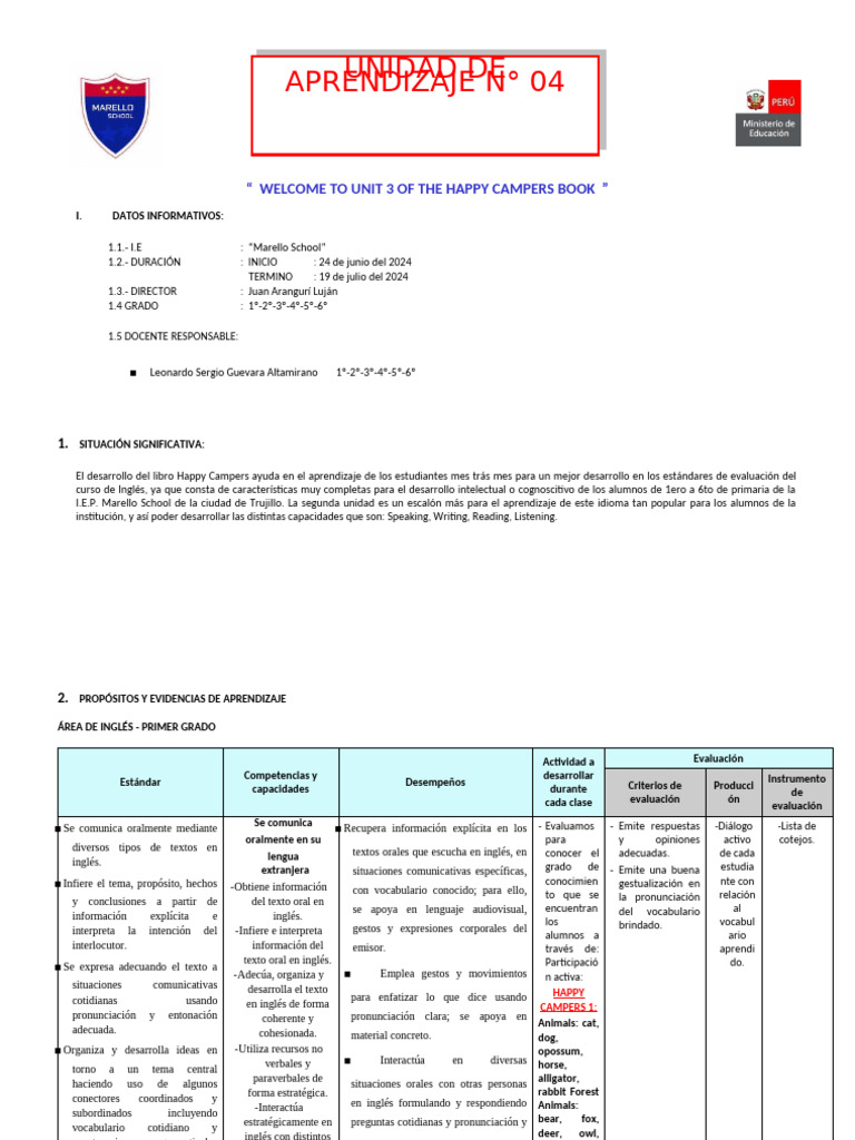 EXPERIENCIA DE APRENDIZAJE 4 - PROGRAMACIÓN CURRICULAR POR UNIDAD MARELLO SCHOOL | PDF | Idioma ...