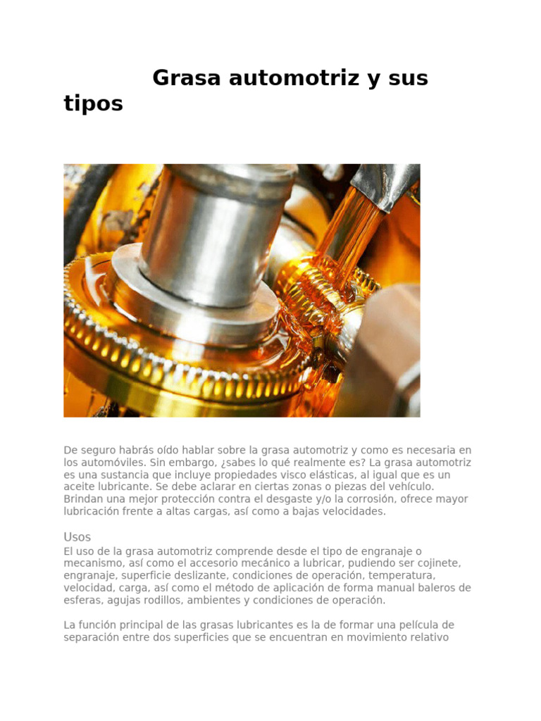 Grasa Automotriz y Sus Tipos | PDF | Rodamiento (Mecánico) | Lubricante
