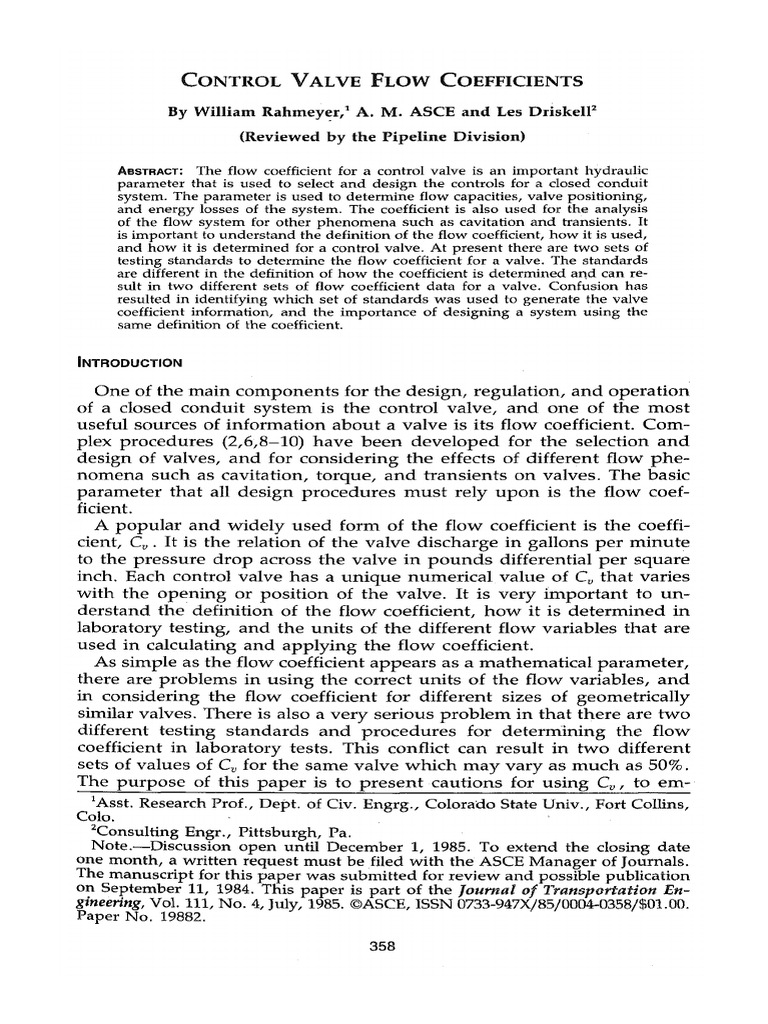 Control Valve Flow Coefficients | PDF | Friction | Reynolds Number