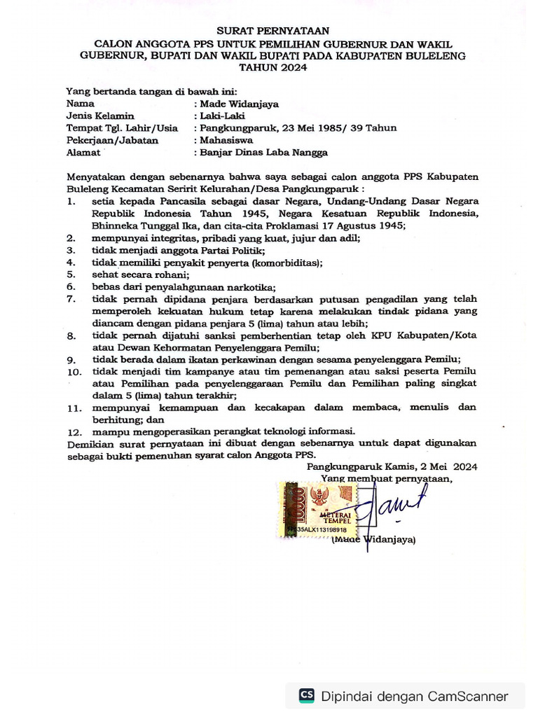 Surat Pernyataan Widan | PDF