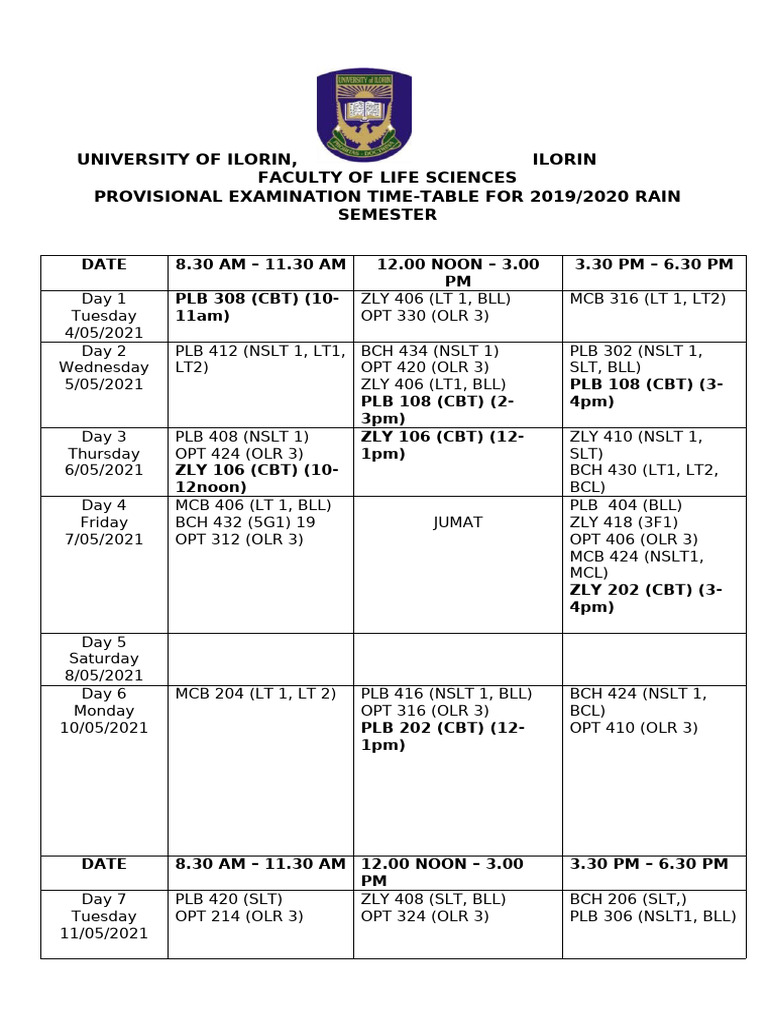 Updated Provisional 2019-2020 RS Exam Time-Table | PDF