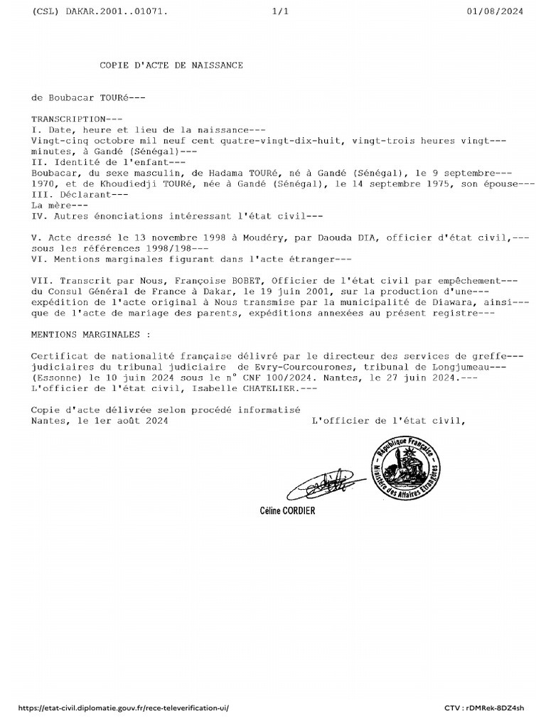 Copie Integrale Naissance 4504399 | PDF