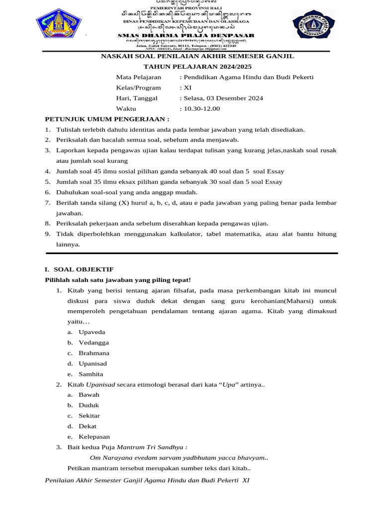 Naskah Soal Penilaian Akhir Semeser Ganjil Agama Hindu Kelas Xi | PDF