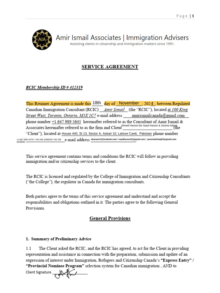 AIA - Express Entry-PNP Profile + PR Service Agreement 2024v - Mr ...