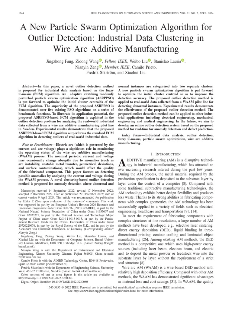 A New Particle Swarm Optimization Algorithm for Outlier Detection Industrial Data Clustering in ...