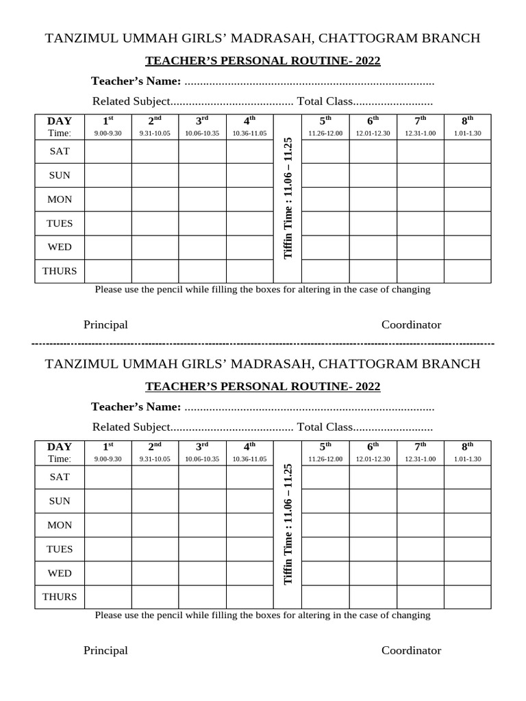 Teacher Routine at Tanzimul Ummah Madrasah | PDF