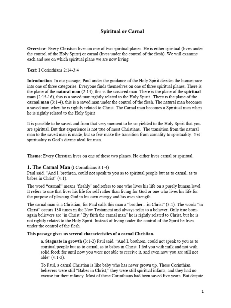 Life in the spirit Lesson 1. Spiritual or Carnal(Student Notes) | PDF ...