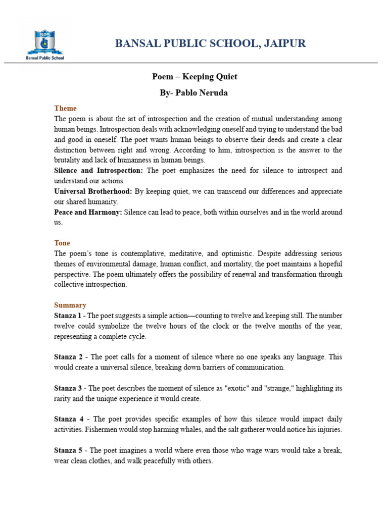 Themes and Tone of "Keeping Quiet" | PDF | Poetry | Sentence (Linguistics)