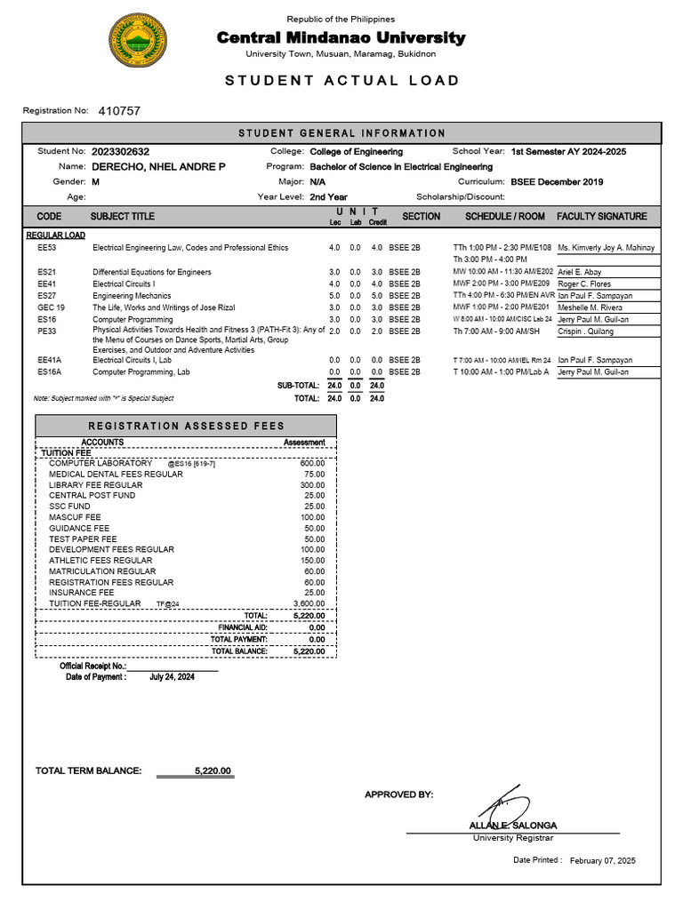 Student Load and Fees Summary 2024-2025 | PDF