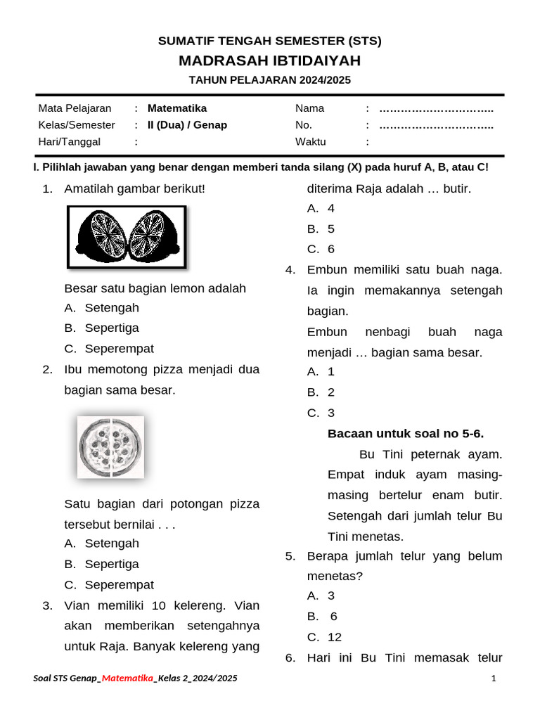 SOAL STS Genap Matematika KLS 2 TP. 2024-2025 | PDF