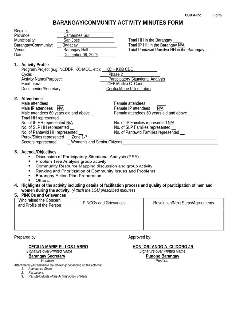 Barangay Community Activity Minutes Form | PDF