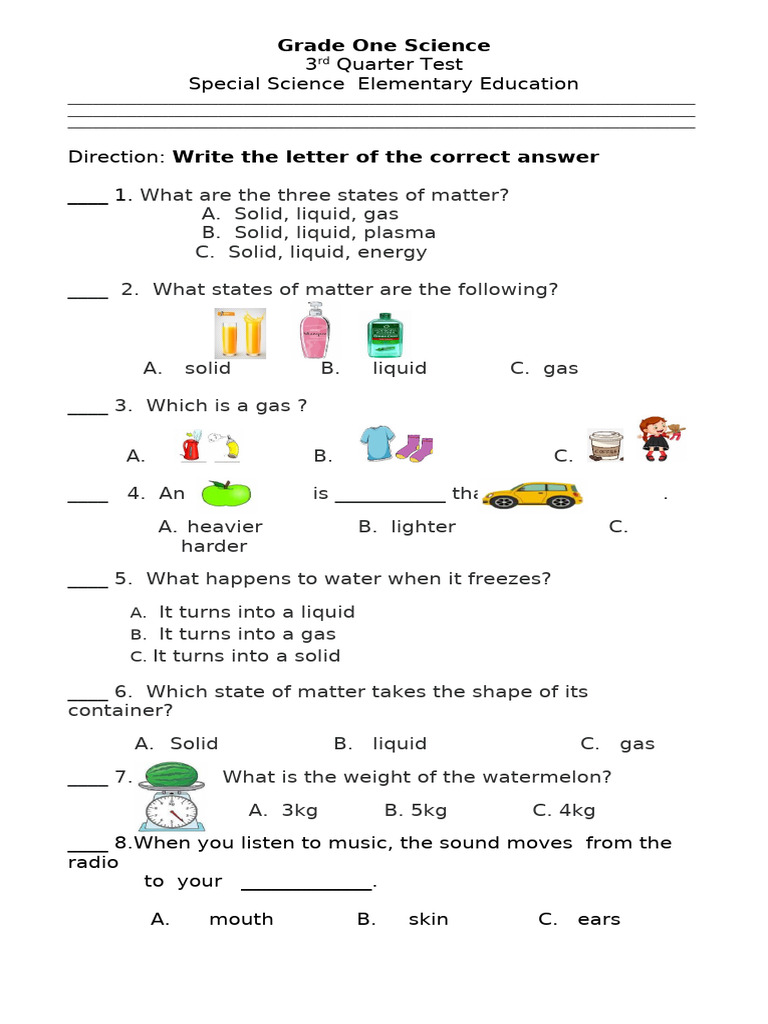 Grade 1 Science Test: States of Matter | PDF | Gases | Physical Phenomena