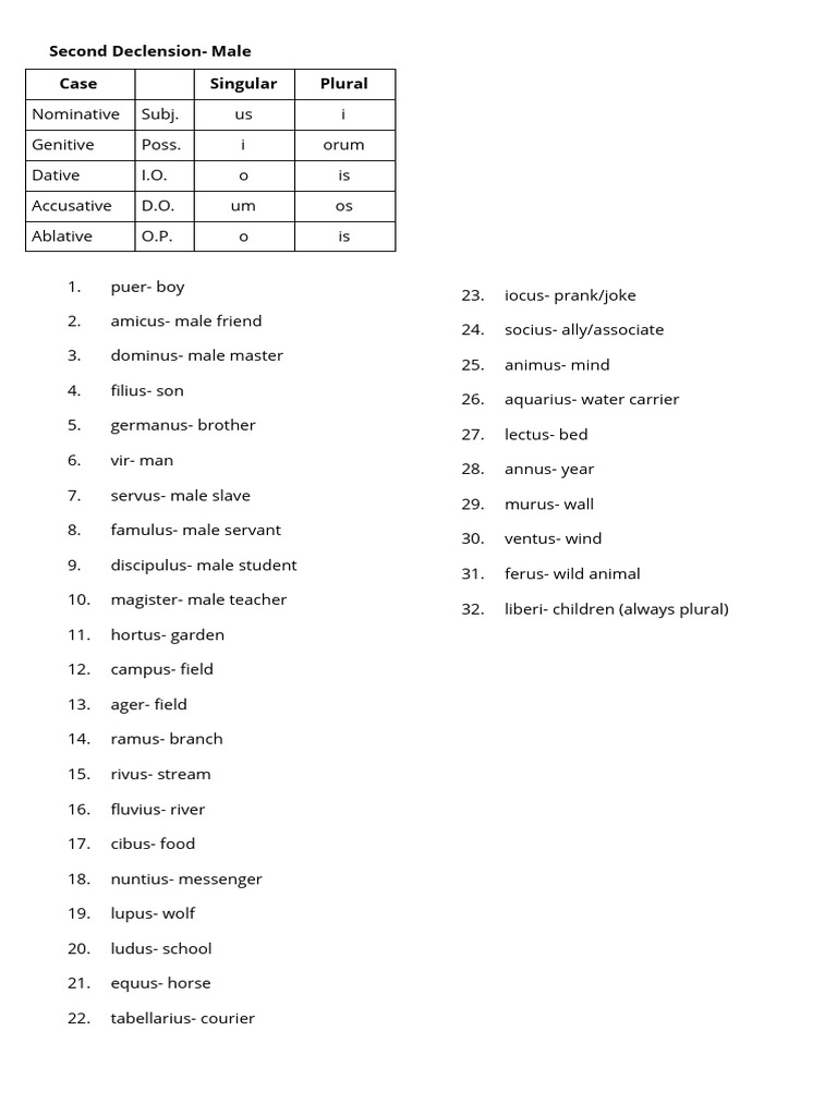 Second Declension Masculine Nouns Guide | PDF