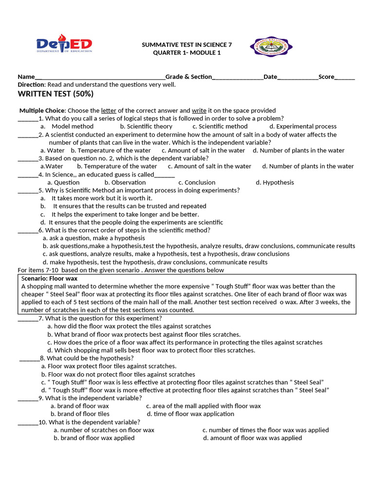 SUMMATIVE TEST IN SCIENCE 7 - Quarter 1-2021-22 | PDF | Mixture ...