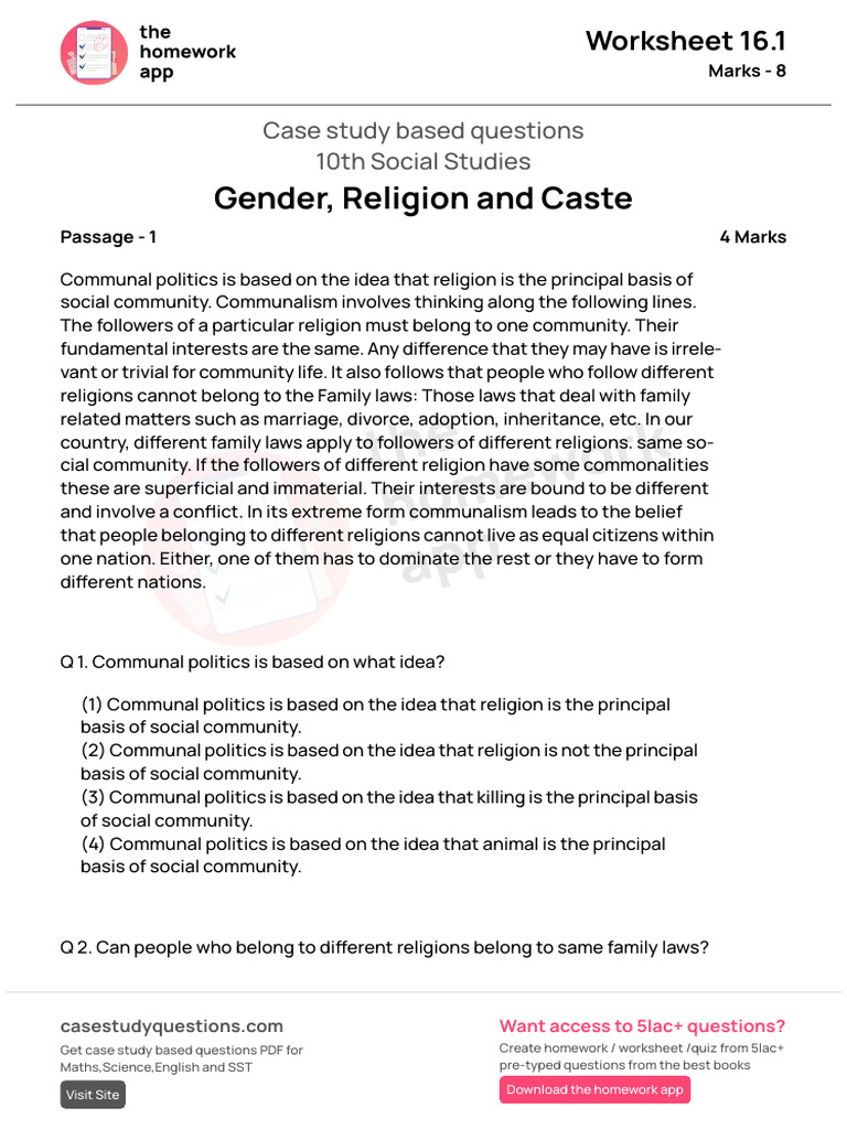 (Worksheet 16.1) - (Gender Religion and Caste) | PDF | Social Psychology