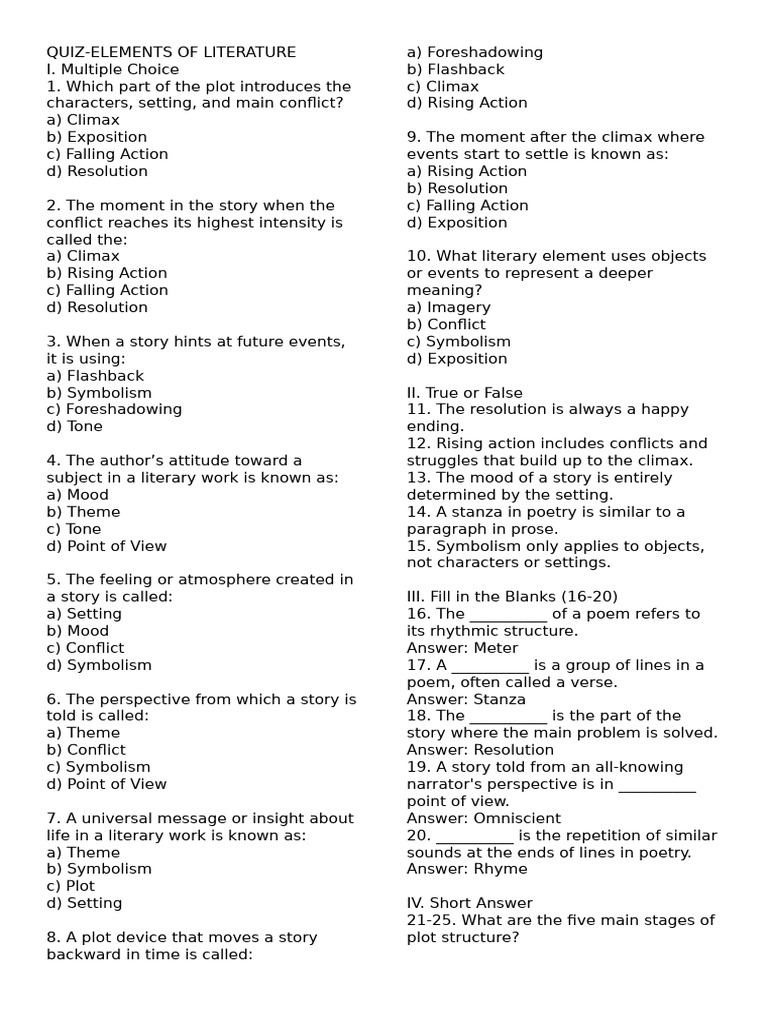 Quiz For Elements of Literature With Answers | PDF | Poetry | Narration