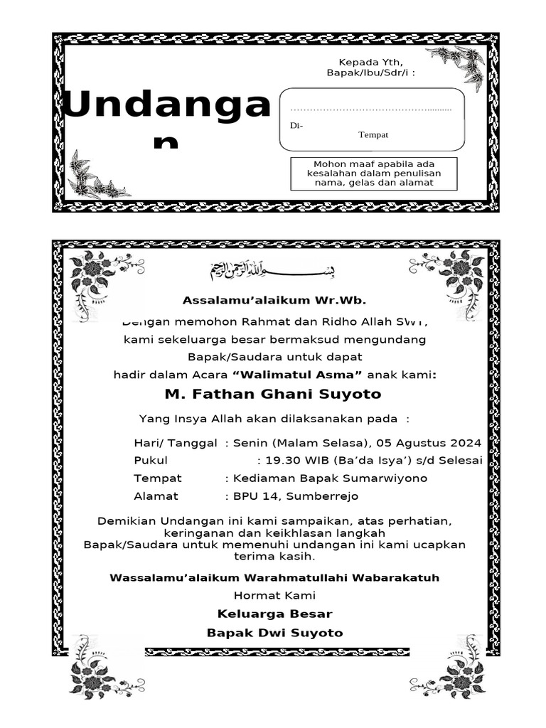Undangan Walimatul Asma M. Fathan Ghani | PDF