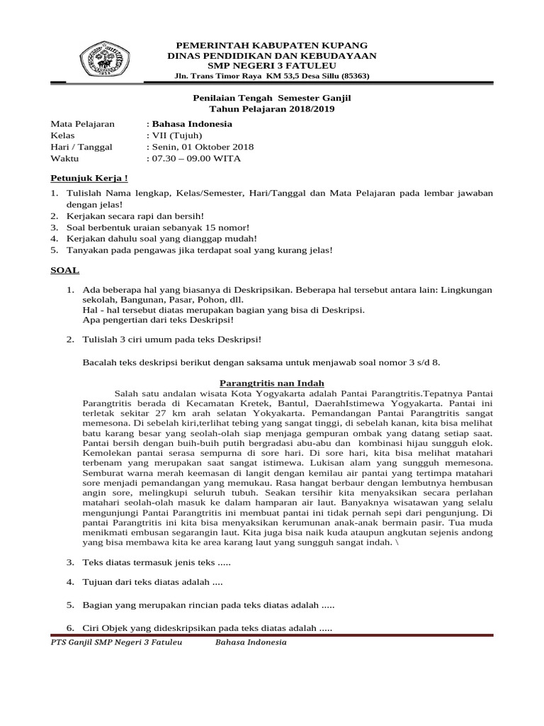 SOAL UTS Bindo Kls 7 SMTR 1 | PDF