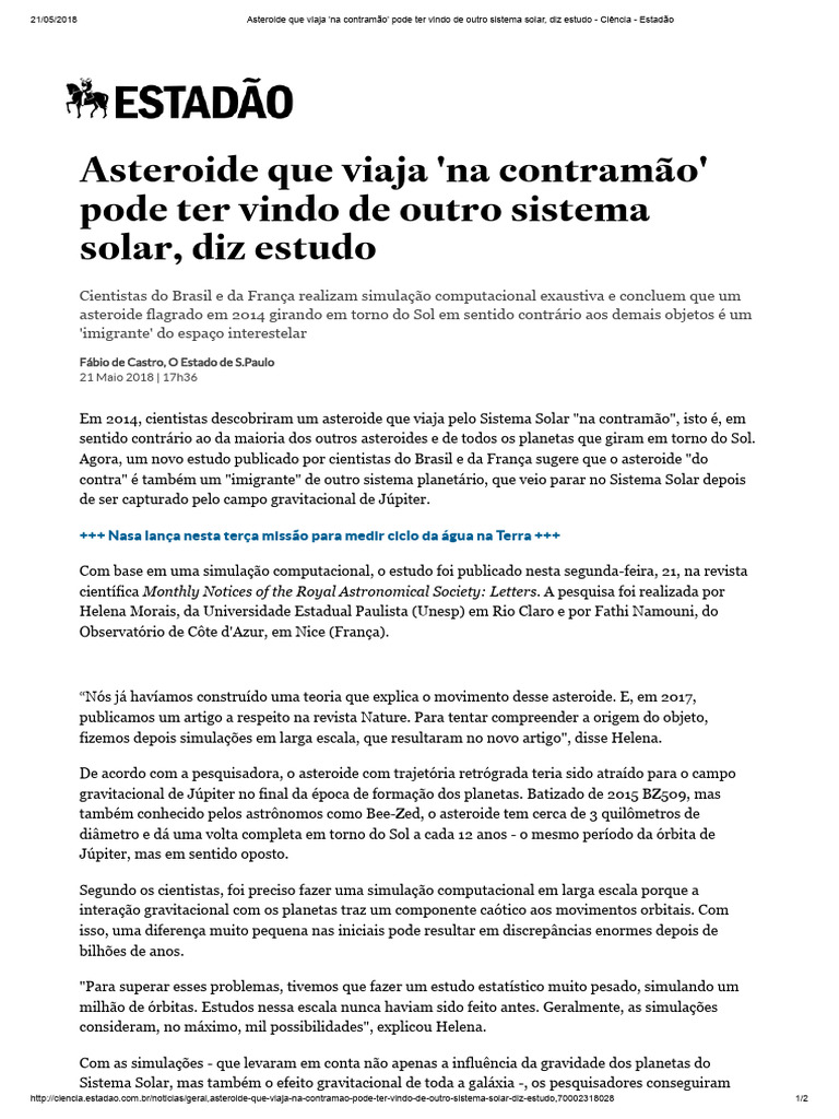Asteroide Que Viaja 'Na Contramão' Pode Ter Vindo de Outro Sistema ...