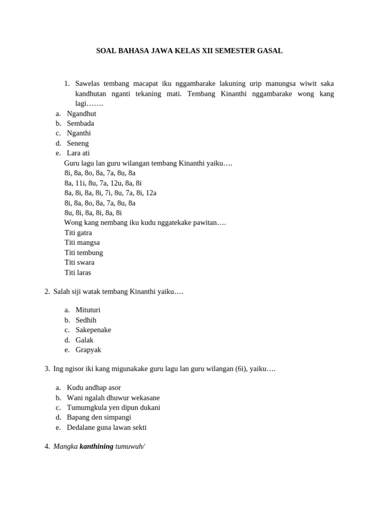Soal Bahasa Jawa Kelas Xii Semester Gasal Quizziz | PDF
