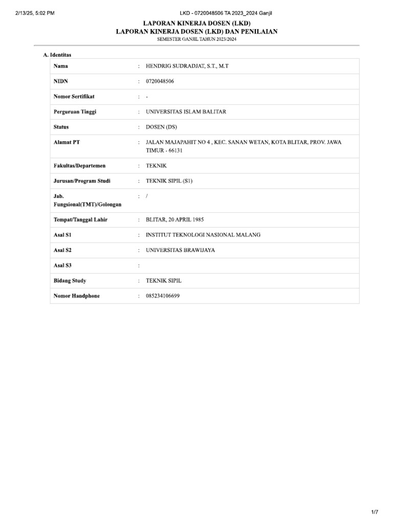 Laporan Kinerja Dosen (LKD) dan Penilaian Semester Ganjil 2023-2024 - Hendrig Sudradjat - Unisba ...