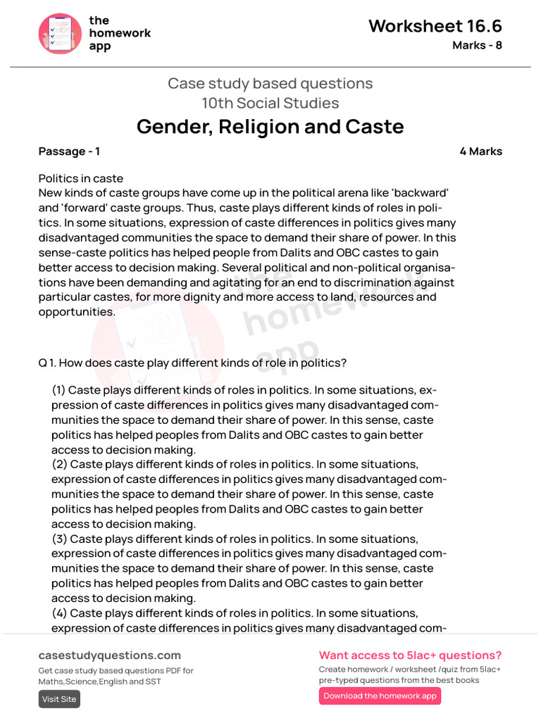 (Worksheet 16.6) - (Gender Religion and Caste) | PDF | Caste | Dalit