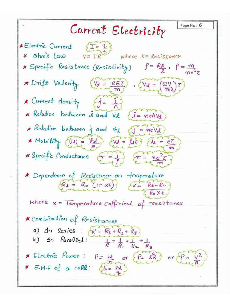 Formula Sheet For Current Electricity | PDF