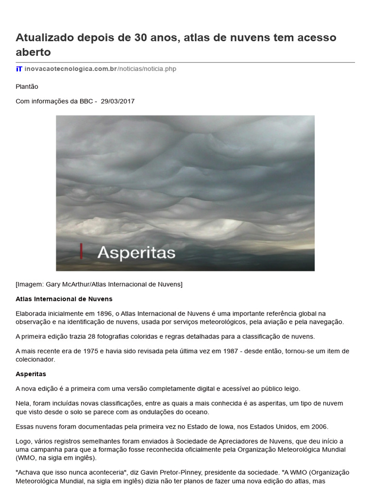 Atualizado Depois de 30 Anos, Atlas de Nuvens Tem Acesso Aberto | PDF | Nuvem | Meteorologia