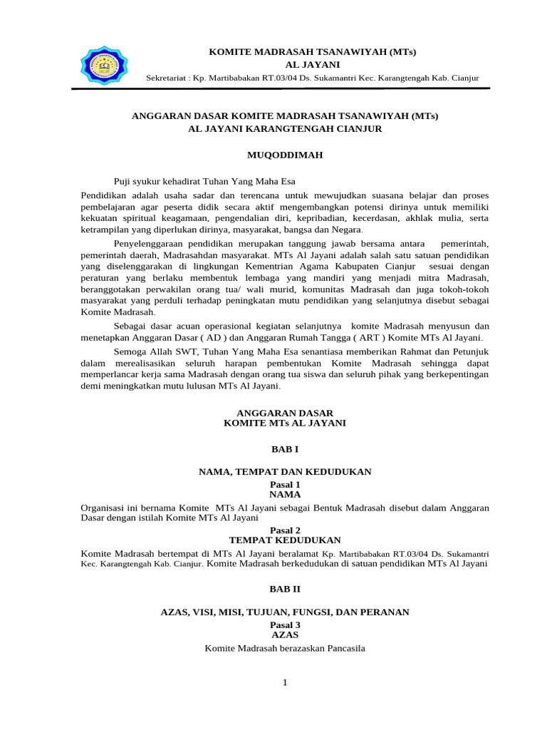 Anggaran Dasar Komite MTs Al Jayani | PDF