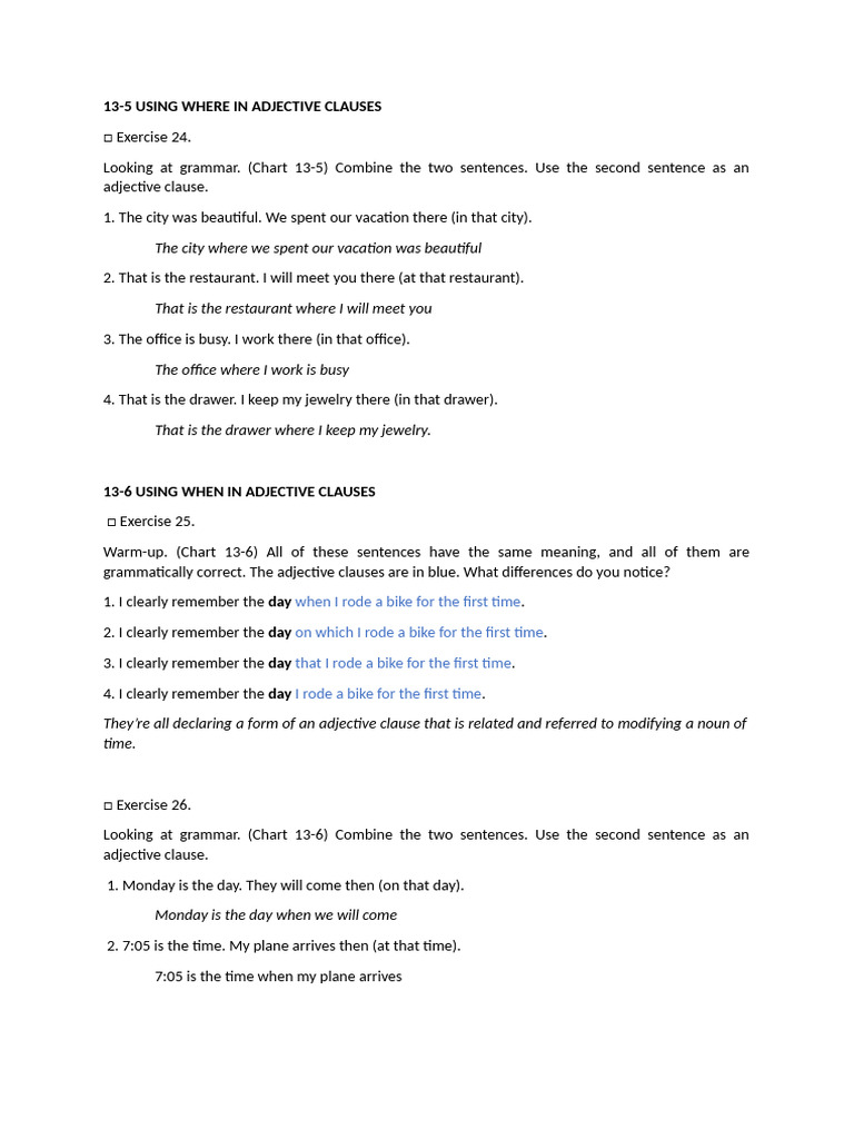 13-5 - 13-6 Using Where and When in Adjective Clauses | PDF | Adjective ...