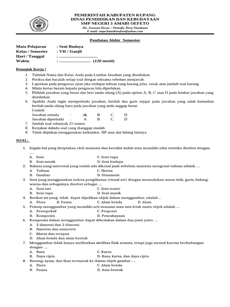 SOAL PAS Senbud Kls 7 SMTR 1 | PDF