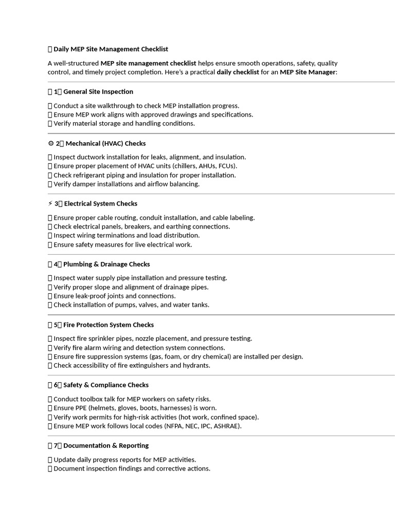 Daily, Weekly, Monthly MEP Site Management Checklist | PDF | Duct (Flow ...