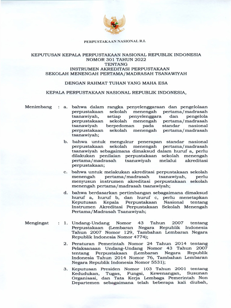 SK 301 Instrumen Akreditasi Perpustakaan Sekolah Menengah Pertama Madrasah Tsanawiyah1 | PDF