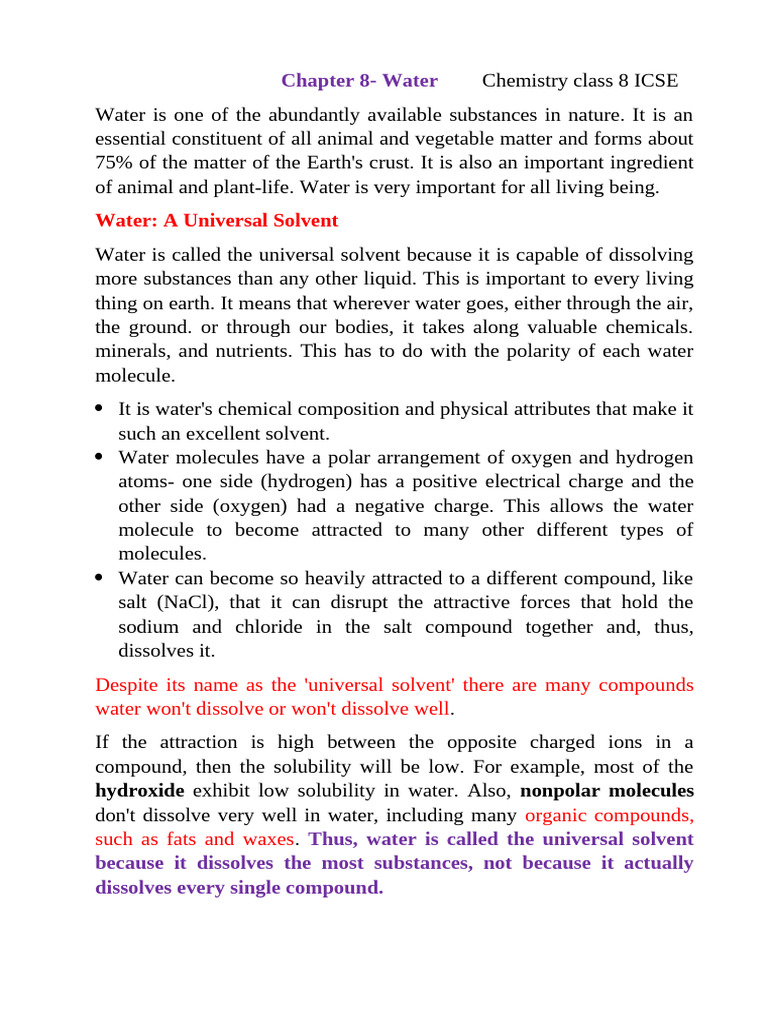 Class 8 Chemistry: Water Overview | PDF