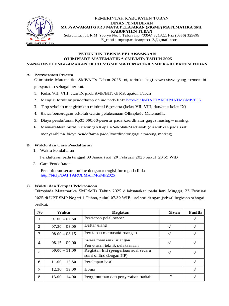 Juknis Olimpiade Matematika MGMP 2025 | PDF
