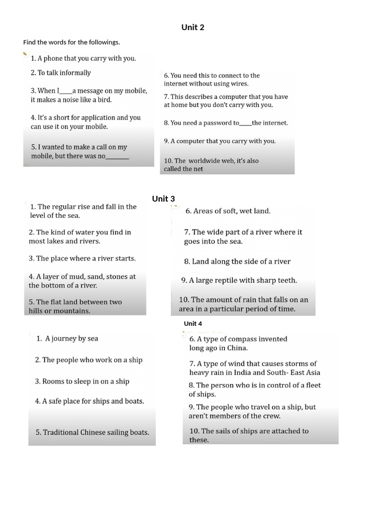 Vocab ex sheet from Unit 2 to 6 | PDF