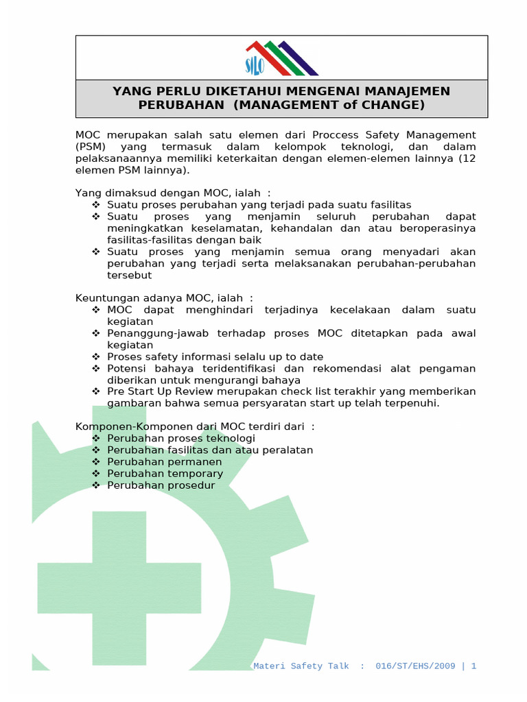 Safety Talk - 051 - Yang Perlu Diketahui Mengenai Manajemen Perubahan (Management of Change) | PDF