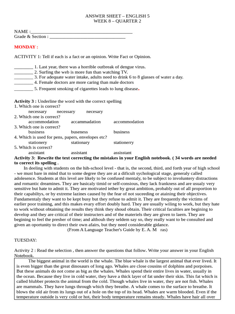 English 5 Week 8 Answer Sheet | PDF | Whales | Dolphin