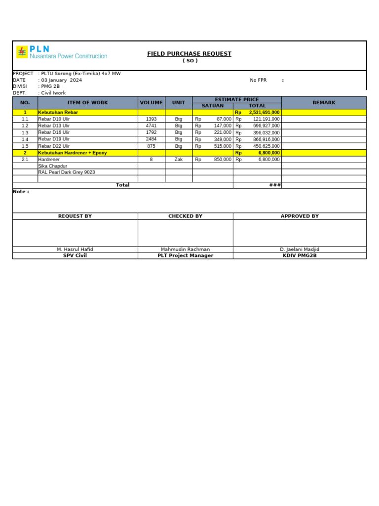 001-FPR-SITE-PLTU - SRG-I-2025 Permintaan Persekot Keb Sipil Tgl. 03 January 2025 | PDF ...