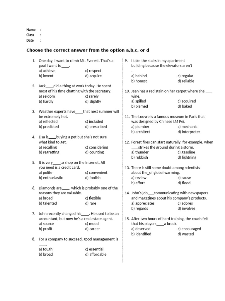 Vocabulary Multiple Choice Quiz | PDF