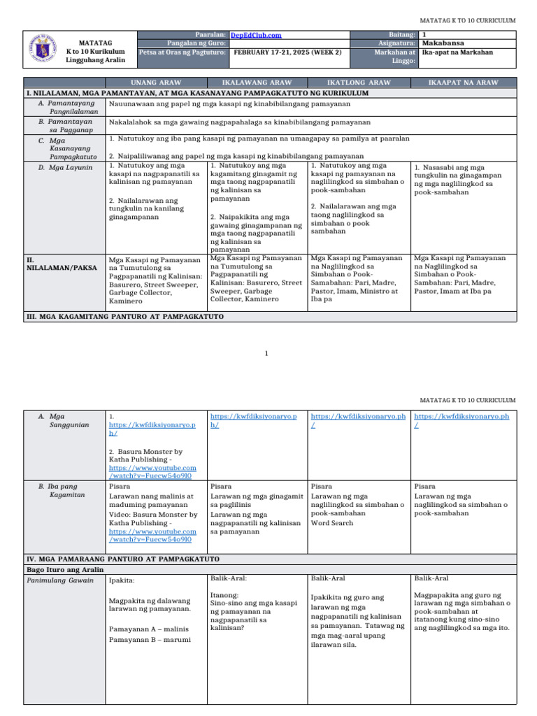 DLL Matatag - Makabansa 1 - Q4 - W2 | PDF